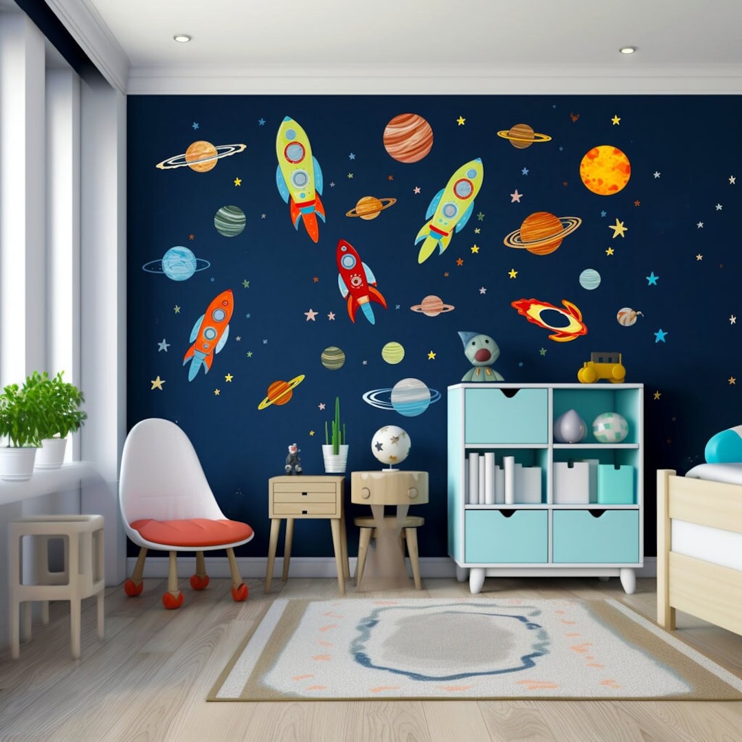 Outer Space Wall Decals - Astronaut and Galaxy Planet Stickers - Rocket ...