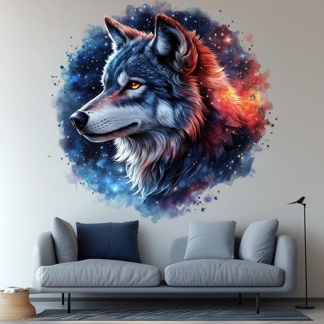 Celestial Wolf Wall Decal | 3D Cosmic Wolf Mural Art | Mystical Animal ...