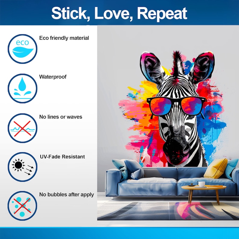 Whimsical Zebra in Glasses Wall Decal - Colorful Watercolor Toddler ...