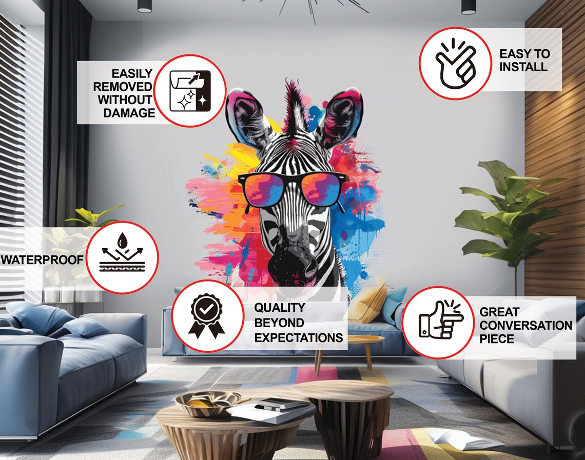 Whimsical Zebra in Glasses Wall Decal - Colorful Watercolor Toddler ...