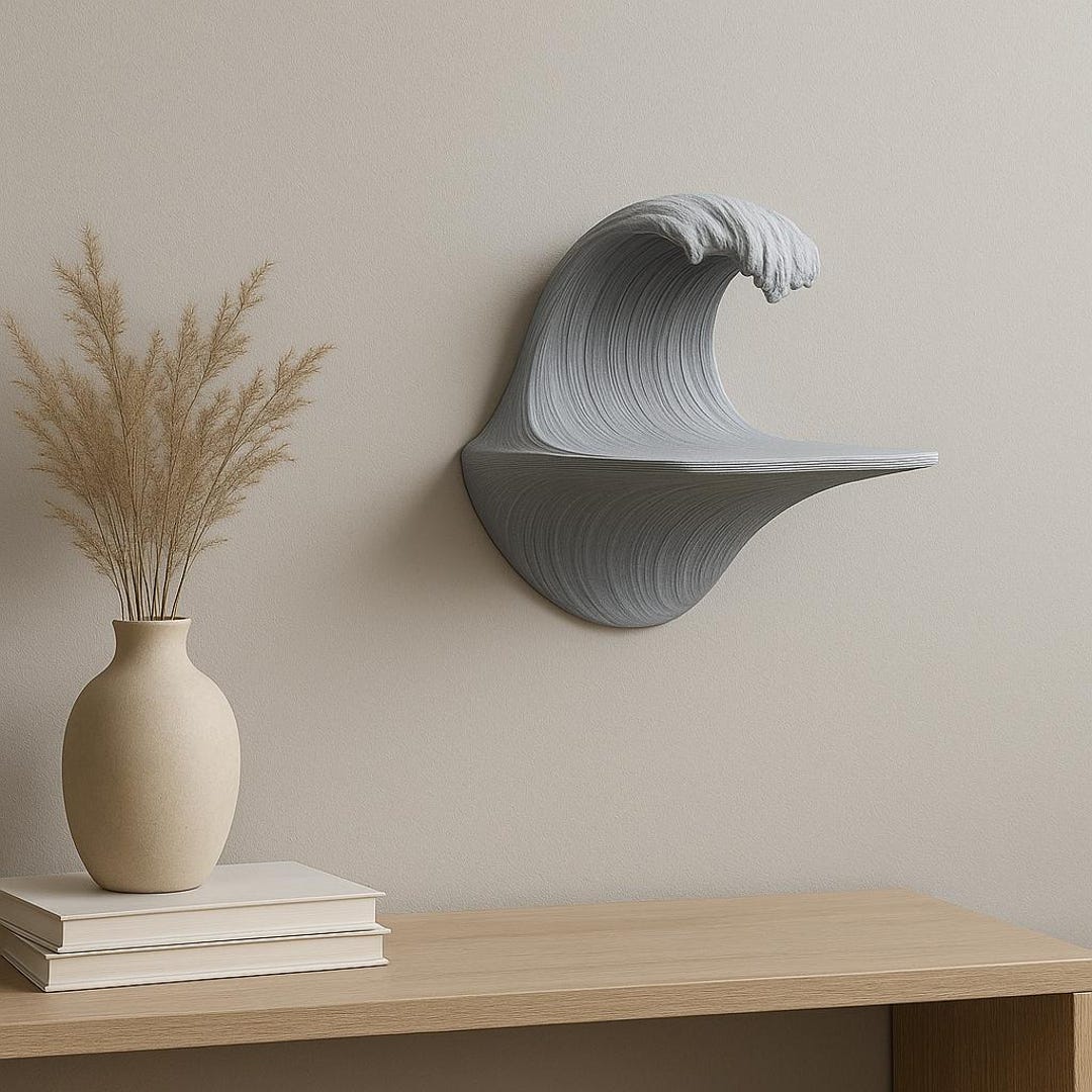Wave Wall Shelf | 3D Printed Ocean-inspired Floating Shelf | Sculptural Modern Wall Art | Grey ...