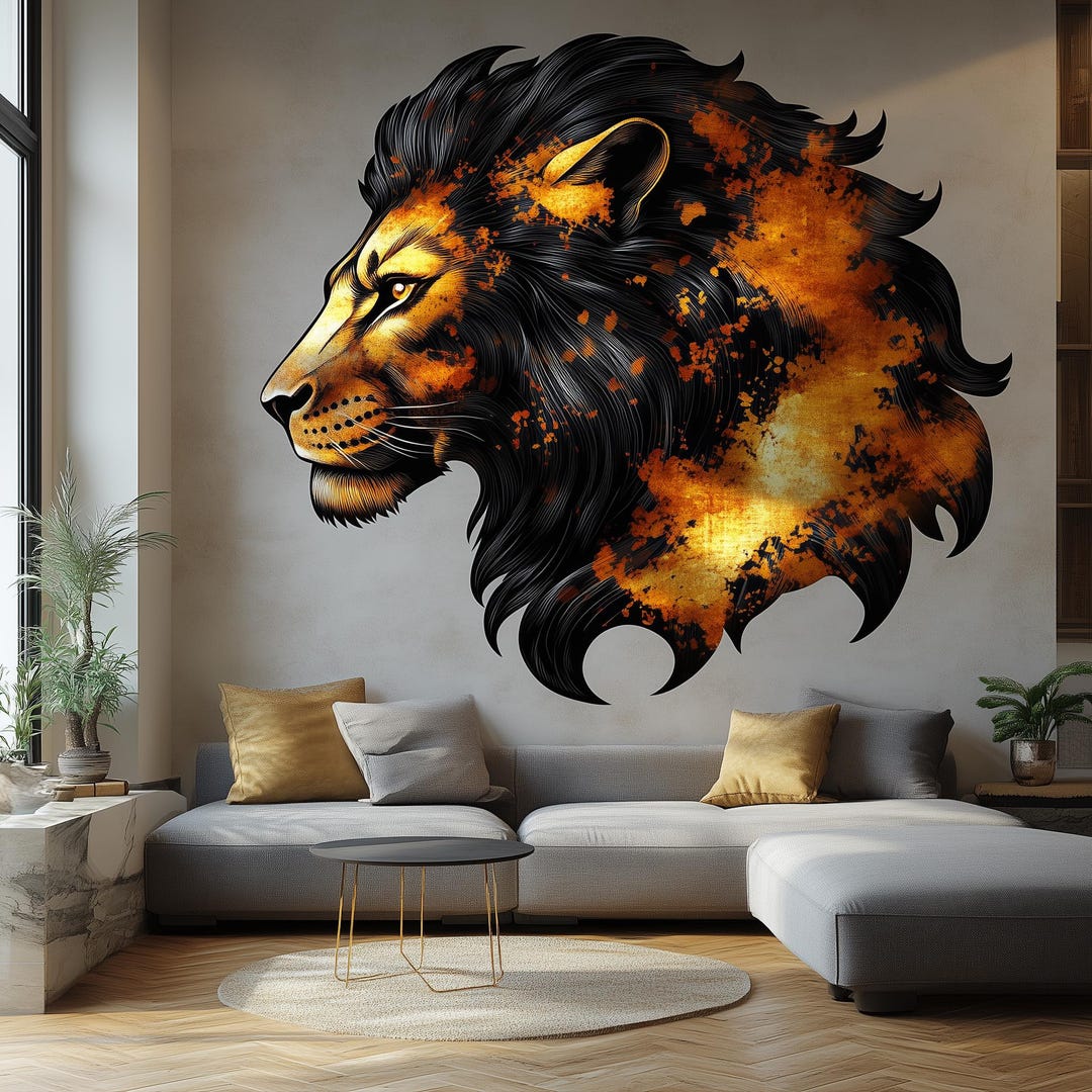 Majestic Lion Wall Sticker | Bold 3D Lion Mural Art | Fiery Animal Wall ...