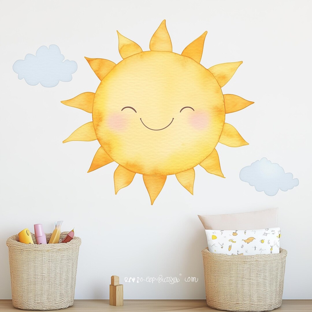 Smiling Sun Wall Decal Sticker | Watercolor Sun and Cloud Nursery Wall ...
