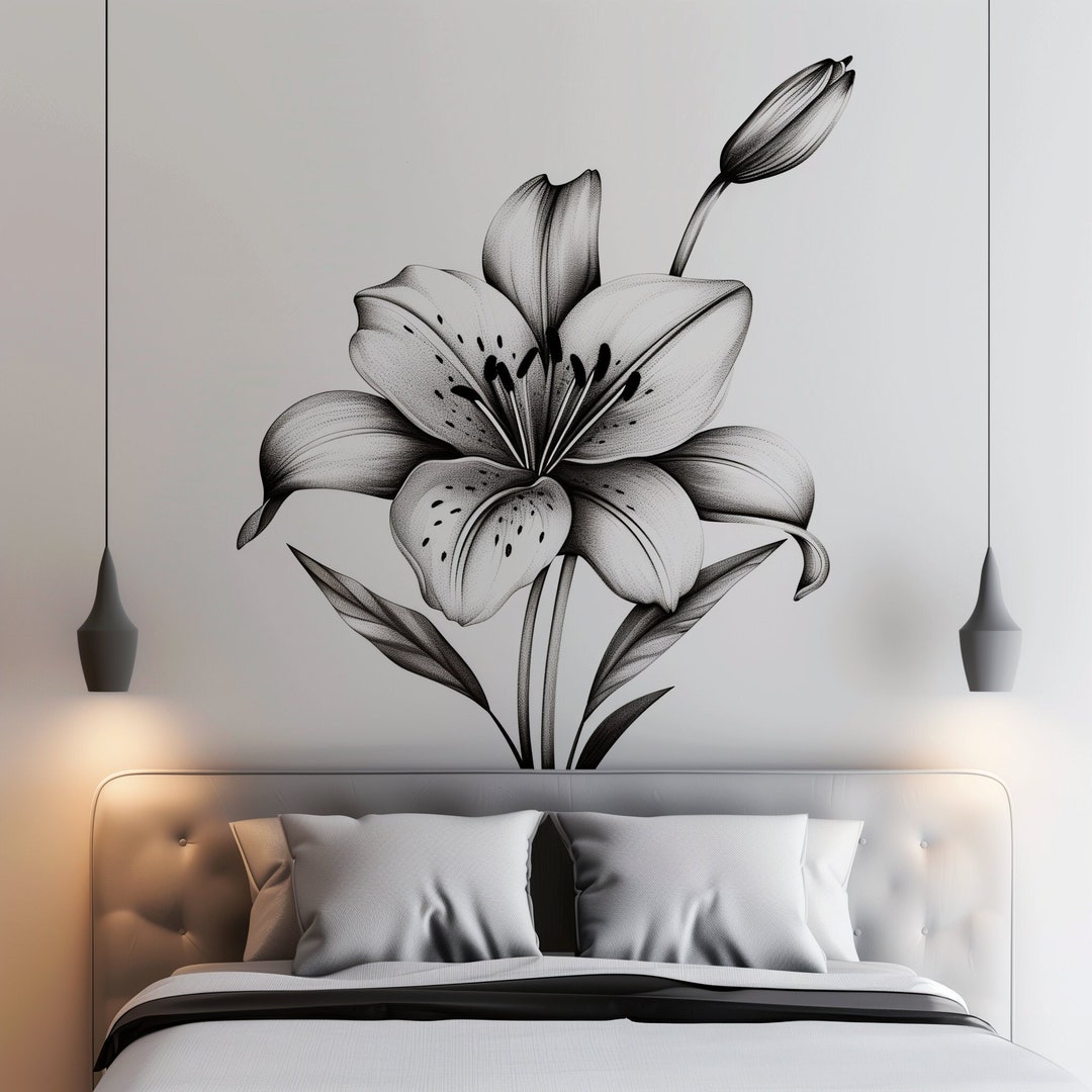Elegant Monochrome Lily Flower Wall Decal - Stylish Black and White ...