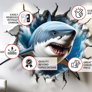 3D Great White Shark Wall Sticker - Realistic Shark Bursting Through ...
