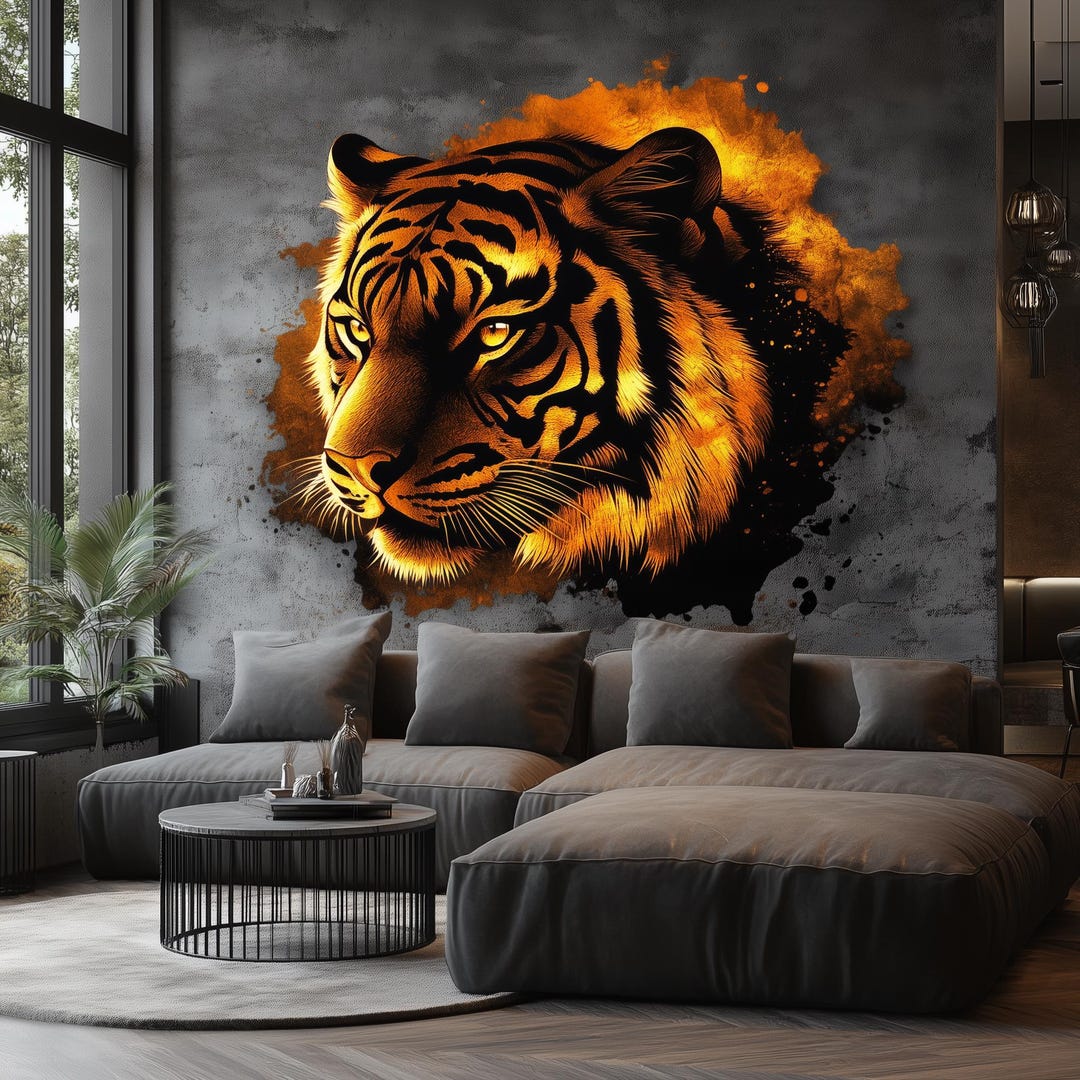 Fiery Tiger Wall Sticker Decal | Bold 3D Tiger Mural Art | Intense ...