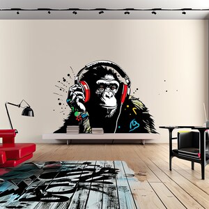Headphone Chimp Wall Art Sticker - Urban Jungle DJ Ape Decal ...