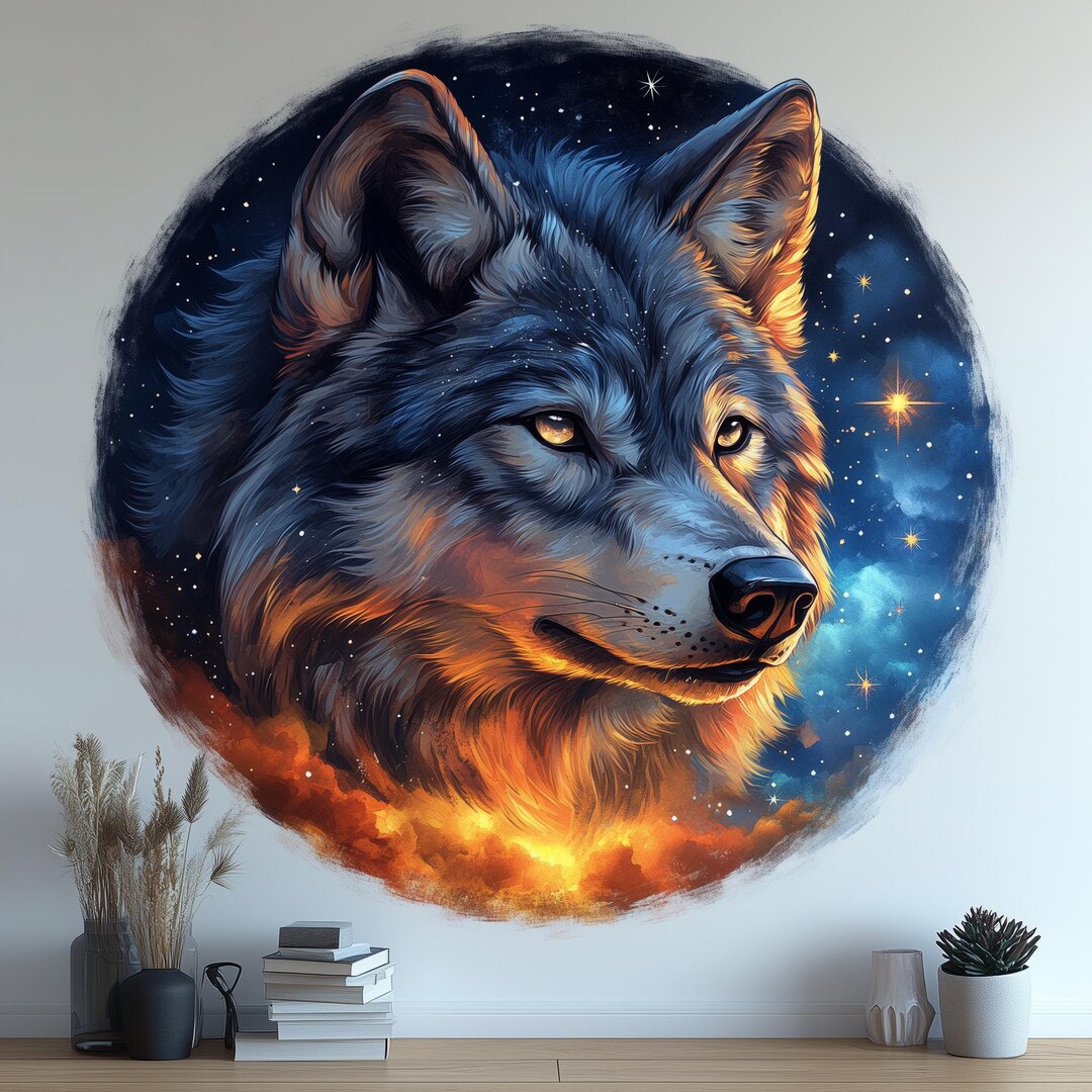 Mystical Wolf Wall Sticker | Cosmic 3D Wolf Mural Art | Celestial ...