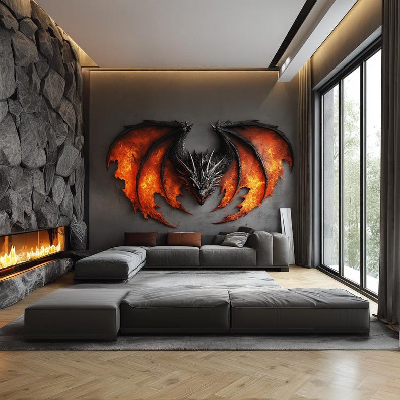 Fiery Dragon Wall Sticker | Epic Fantasy Wall Art Mural | Bold Red ...