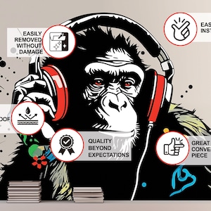 Headphone Chimp Wall Art Sticker - Urban Jungle DJ Ape Decal ...