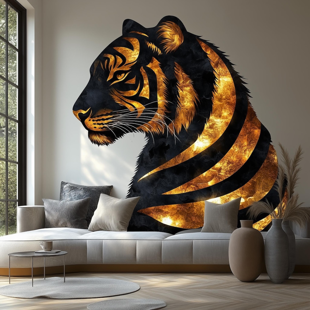 Golden Tiger Wall Sticker Decal | Regal 3D Tiger Mural Art | Elegant ...