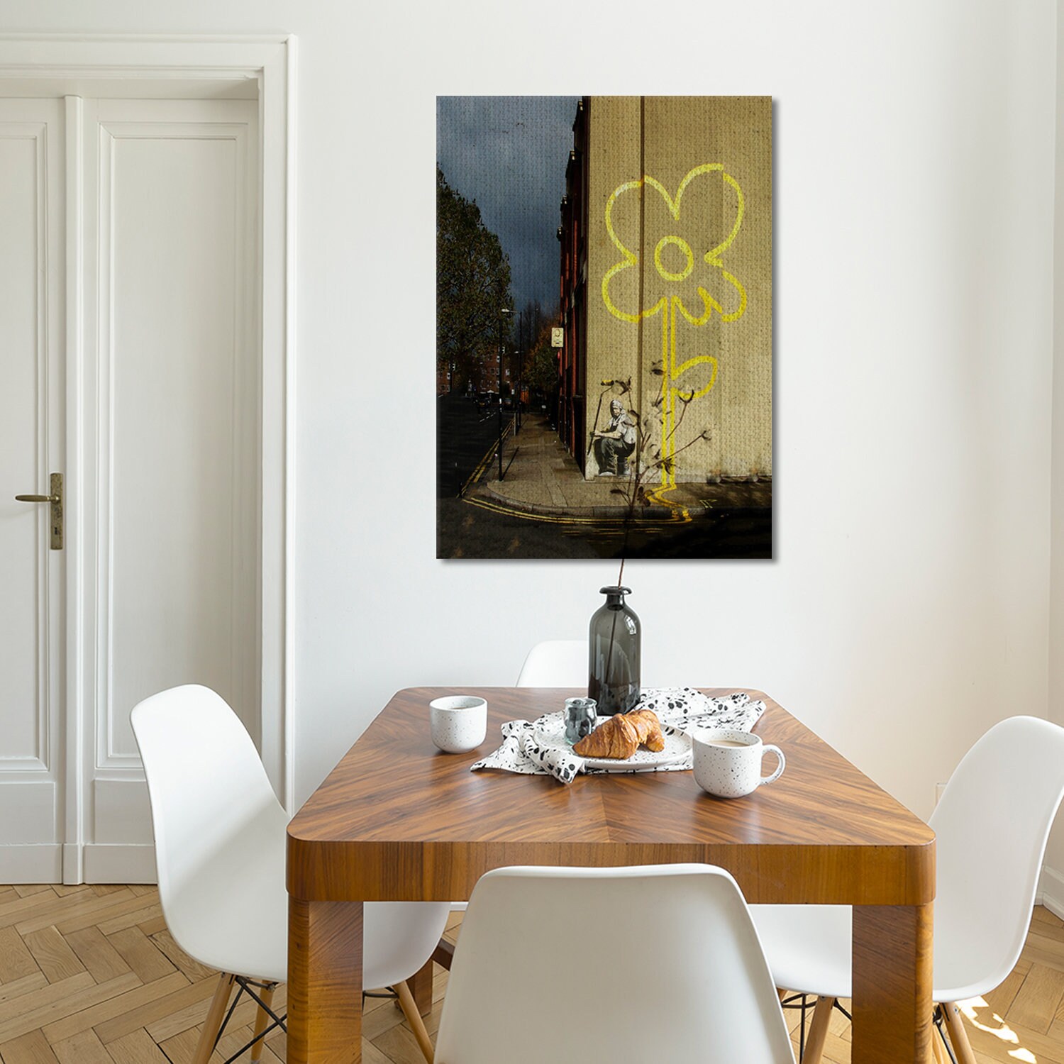 Banksy Yellow Lines Flower Canvas Wall Art - Sunflower Framed Painting ...