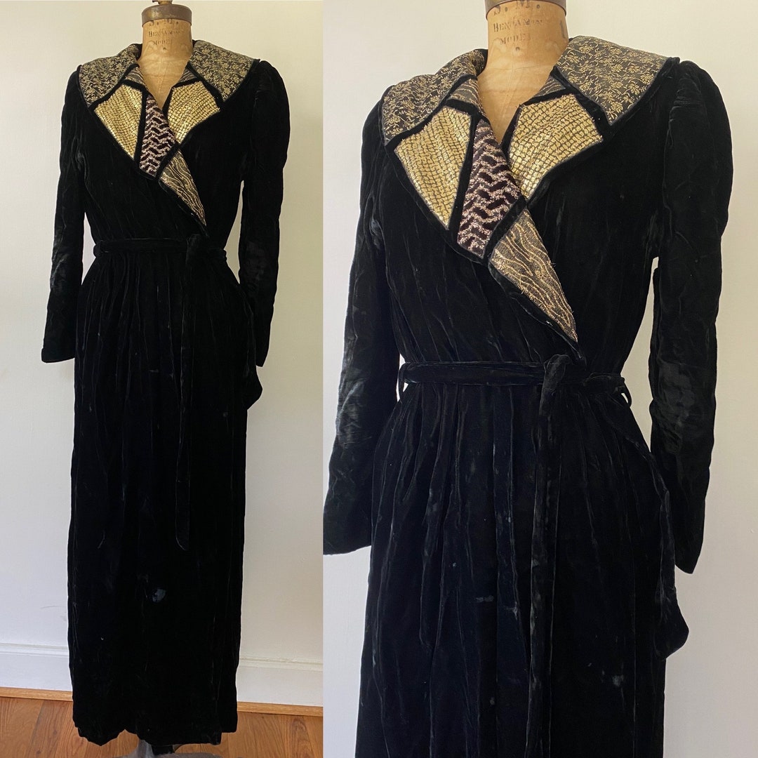 Vintage Black Velvet Robe With Gold Collar Details - Etsy