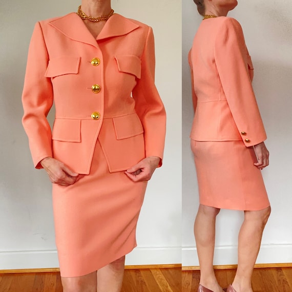Valentino vintage coral skirt suit w gold buttons - Gem