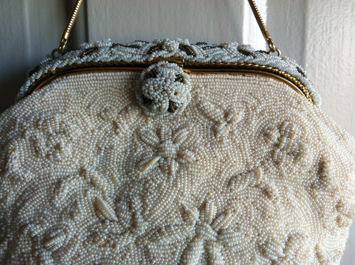 Vintage beaded ivory color handbag - Etsy Italia