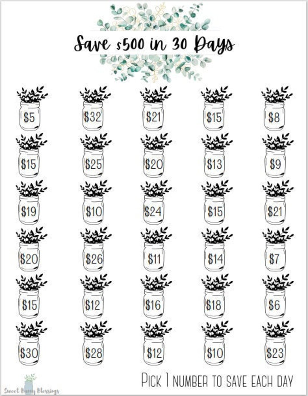 Printable Save 500 Dollars in 30 Days Savings Tracker, Mason Jar ...