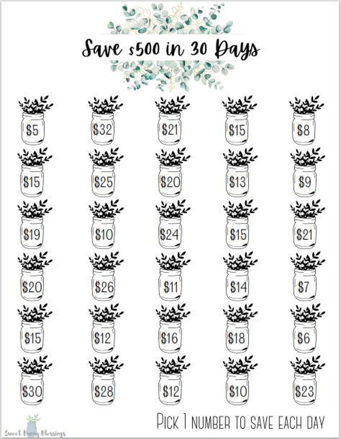 Printable Save 500 Dollars in 30 Days Savings Tracker, Mason Jar ...