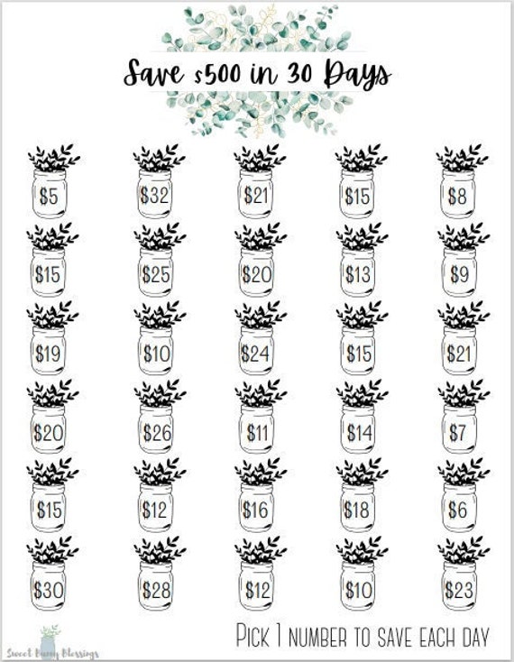 Printable Save 500 Dollars in 30 Days Savings Tracker Mason | Etsy