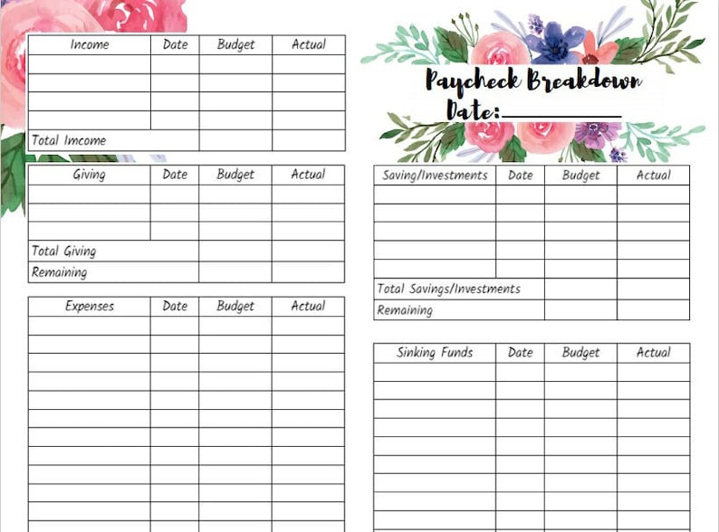 Floral Paycheck Budget Breakdown Printable Budget by - Etsy