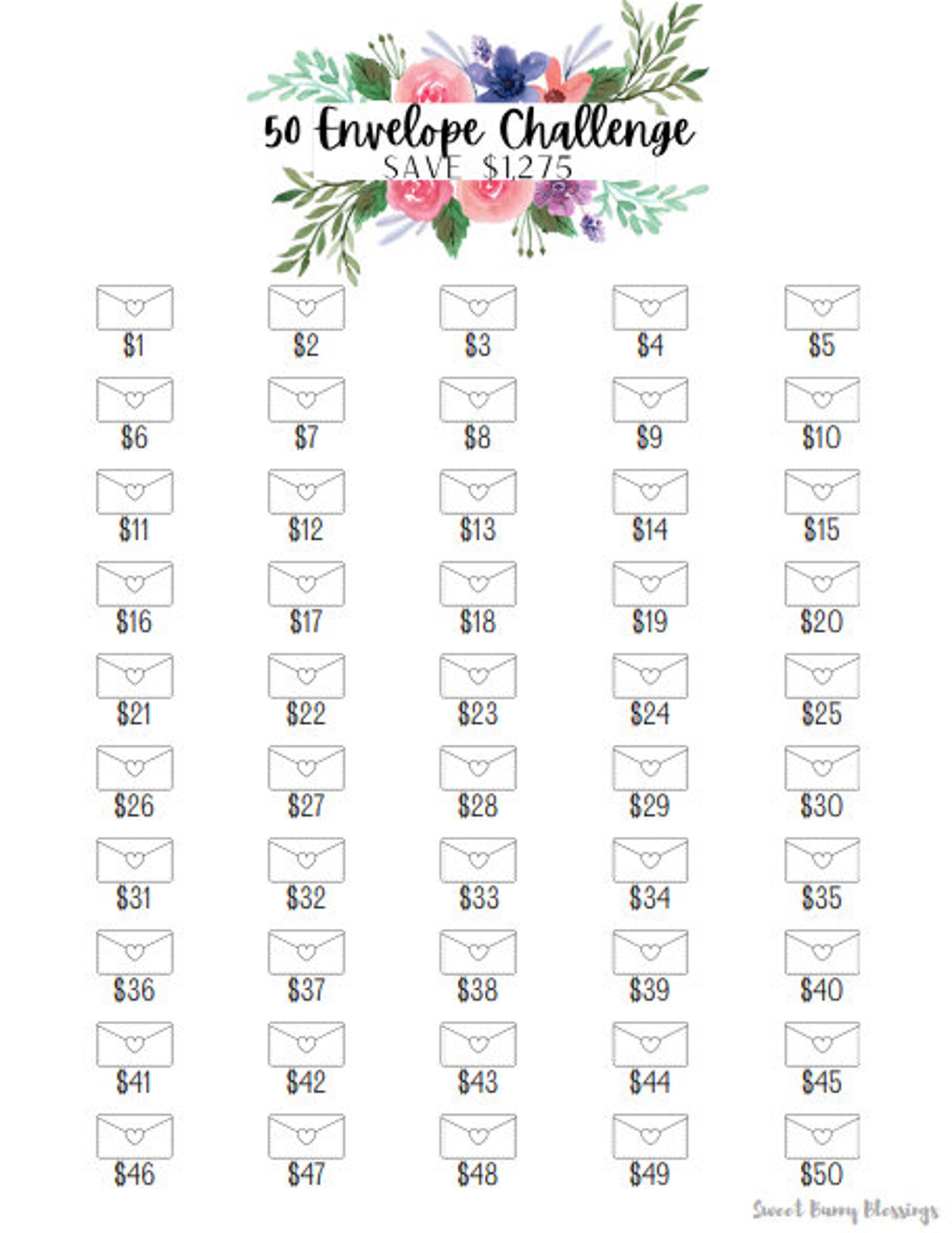 Printable 50 Envelope Savings Challenge Tracker Save 1275 - Etsy
