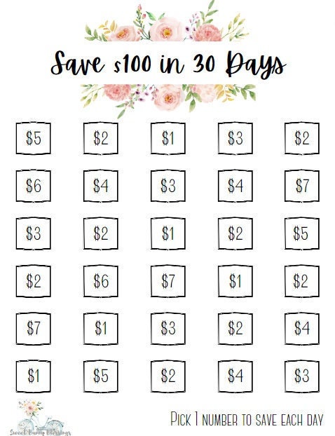 Printable Save 100 Dollars in 30 Days Savings Tracker, Savings Goal ...