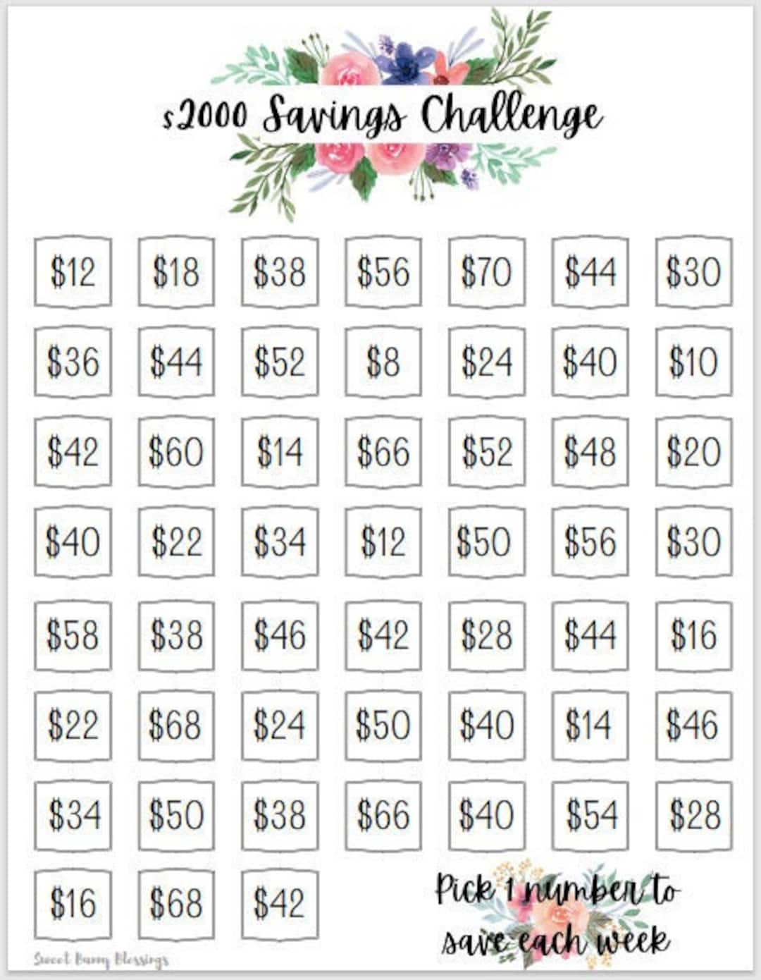 Printable 2,000 Dollar Savings Challenge Tracker, Save 2,000 Dollars in ...