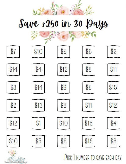 Printable Save 250 Dollars in 30 Days Savings Tracker, Savings Goal ...