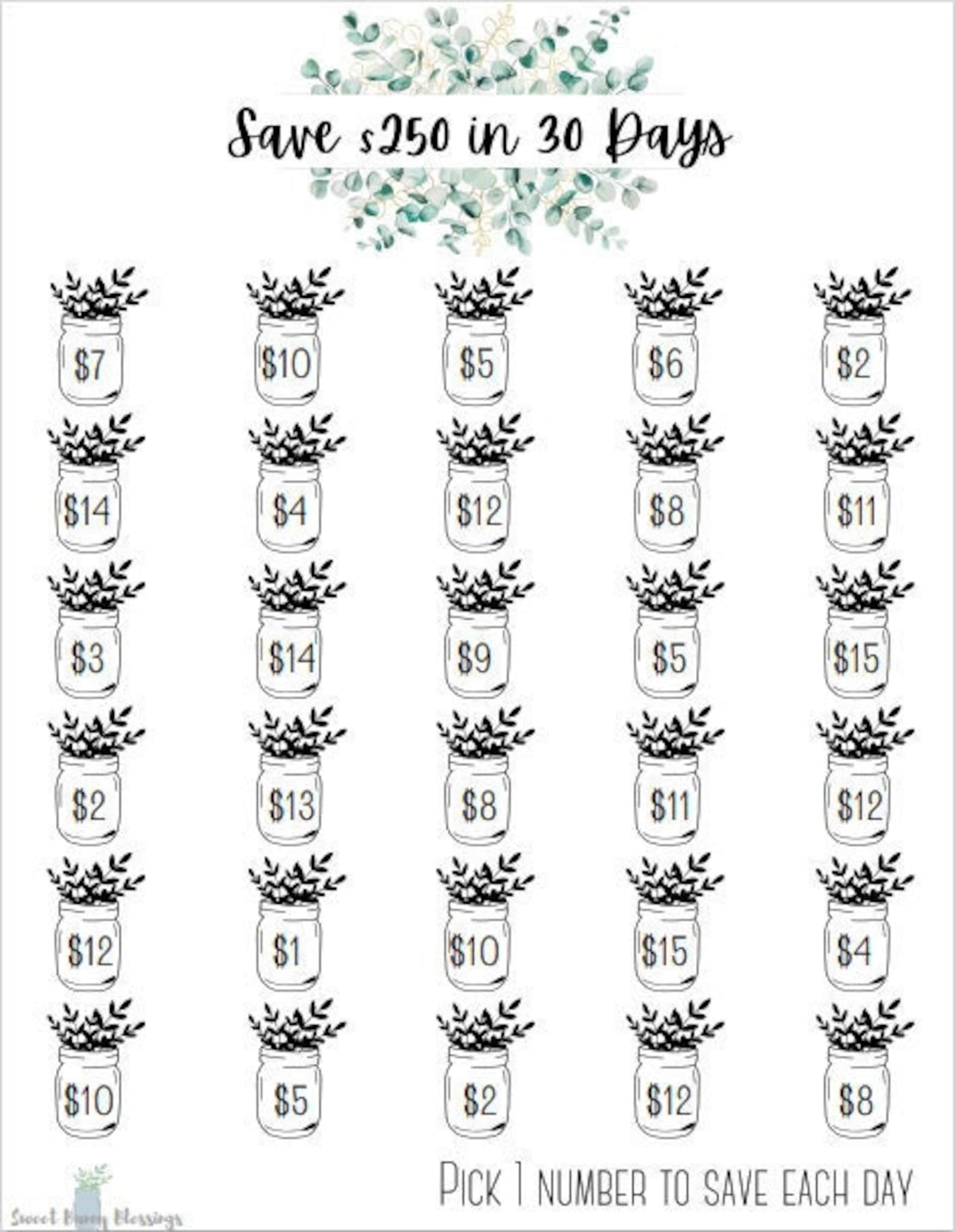 Printable Save 250 Dollars In 30 Days Savings Tracker Mason Etsy
