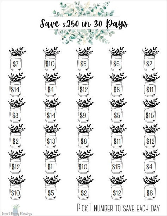 Printable Save 250 Dollars in 30 Days Savings Tracker Mason - Etsy