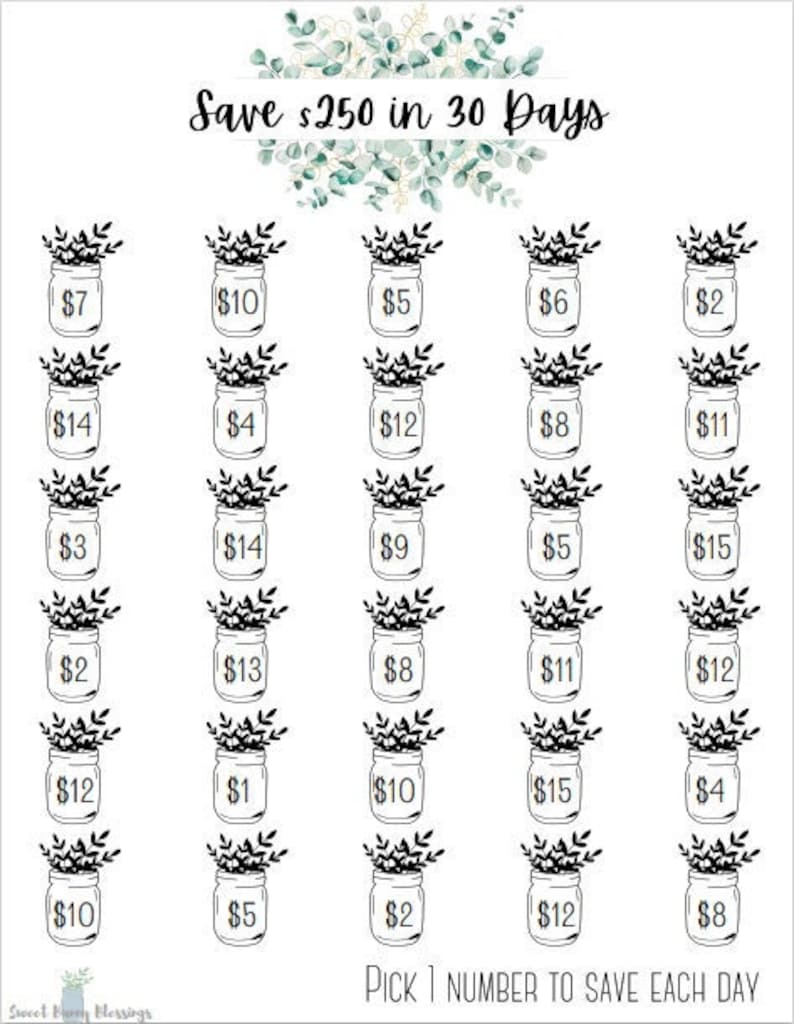 Printable Save 250 Dollars in 30 Days Savings Tracker Mason - Etsy