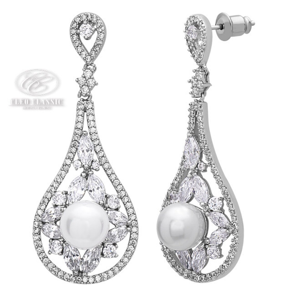 White Gold Crystal Chandelier Wedding Earrings Pearl Zircon - Etsy