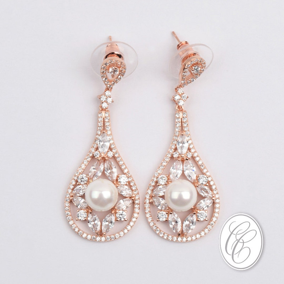 Rose Gold Pearl Earrings Pearl Crystal Wedding Earrings Pearl Teardrop ...