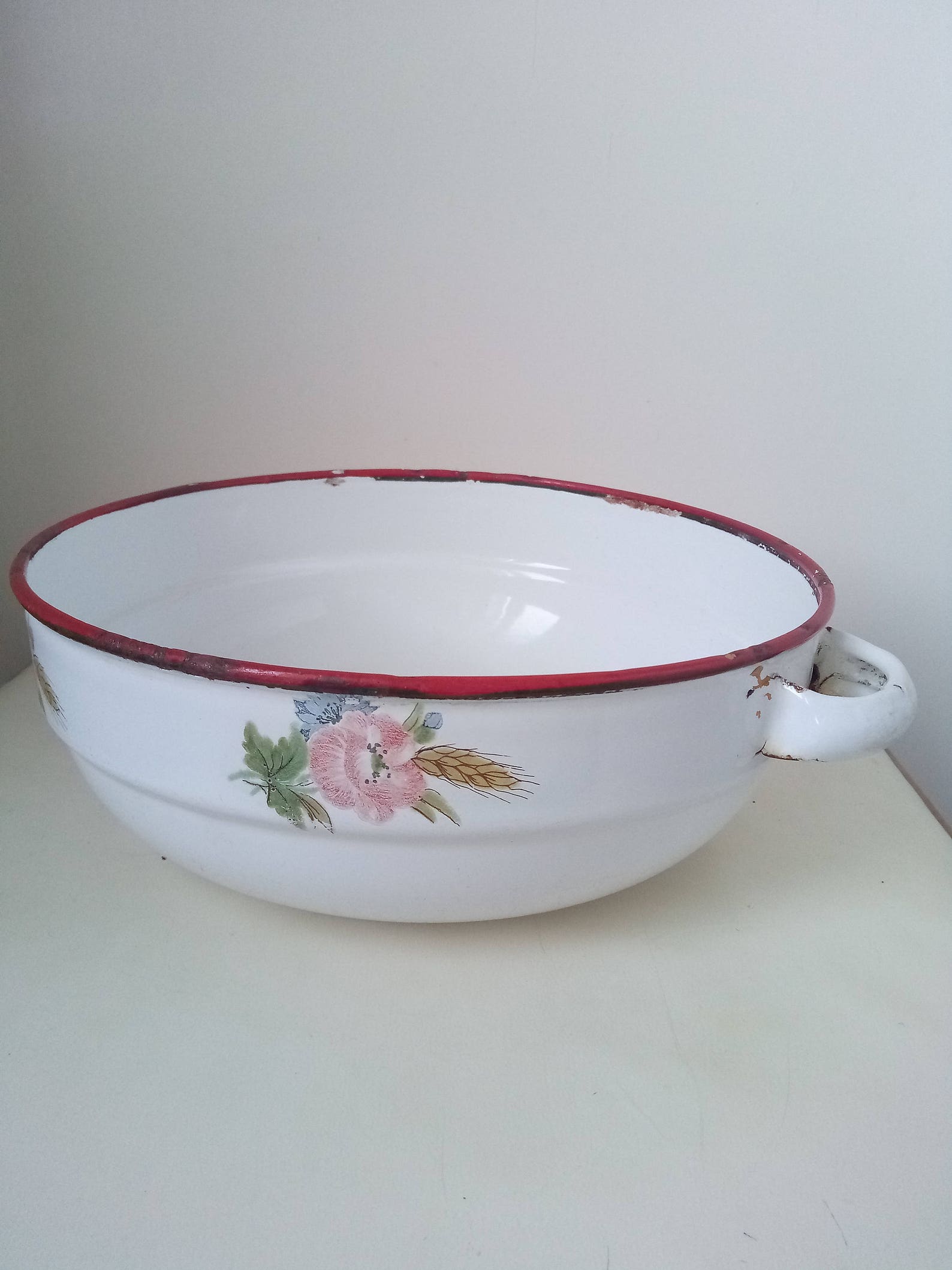 Vintage Enamel Poppy Bowl Rustic Kitchen Decor White Red Rim | Etsy