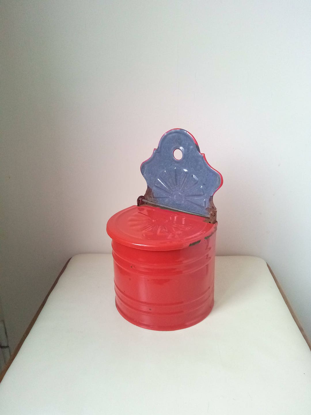 Red Antique Enamel Salt Box - Country Chic Kitchen Decor Salt Cellar ...