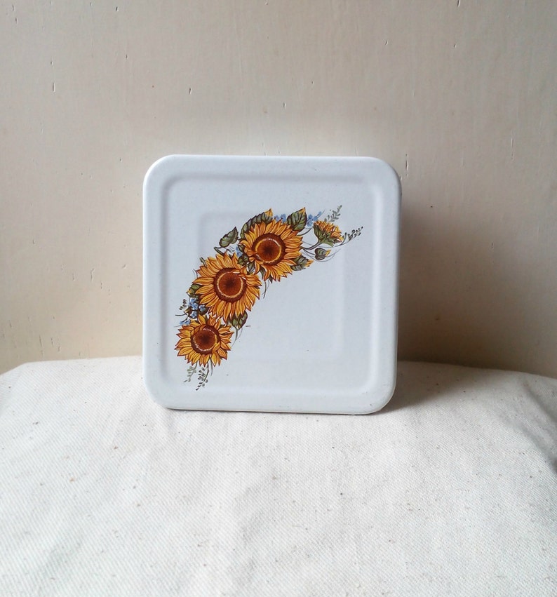 Vintage Enamel Food Container Box Lidded Vintage White With Sunflowers ...