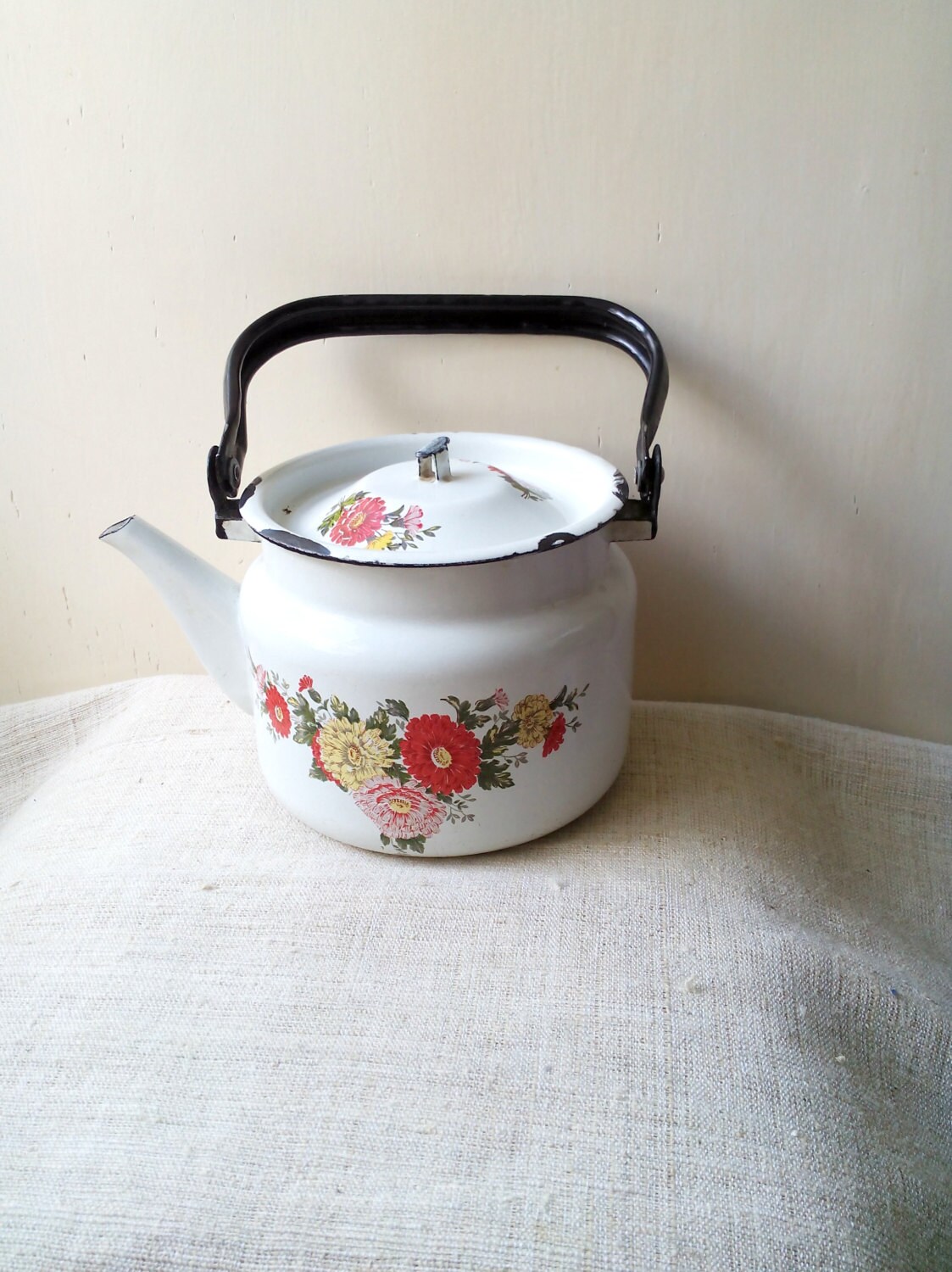 Vintage White Enamel Water Tea Kettle Enamelware Lidded - Etsy