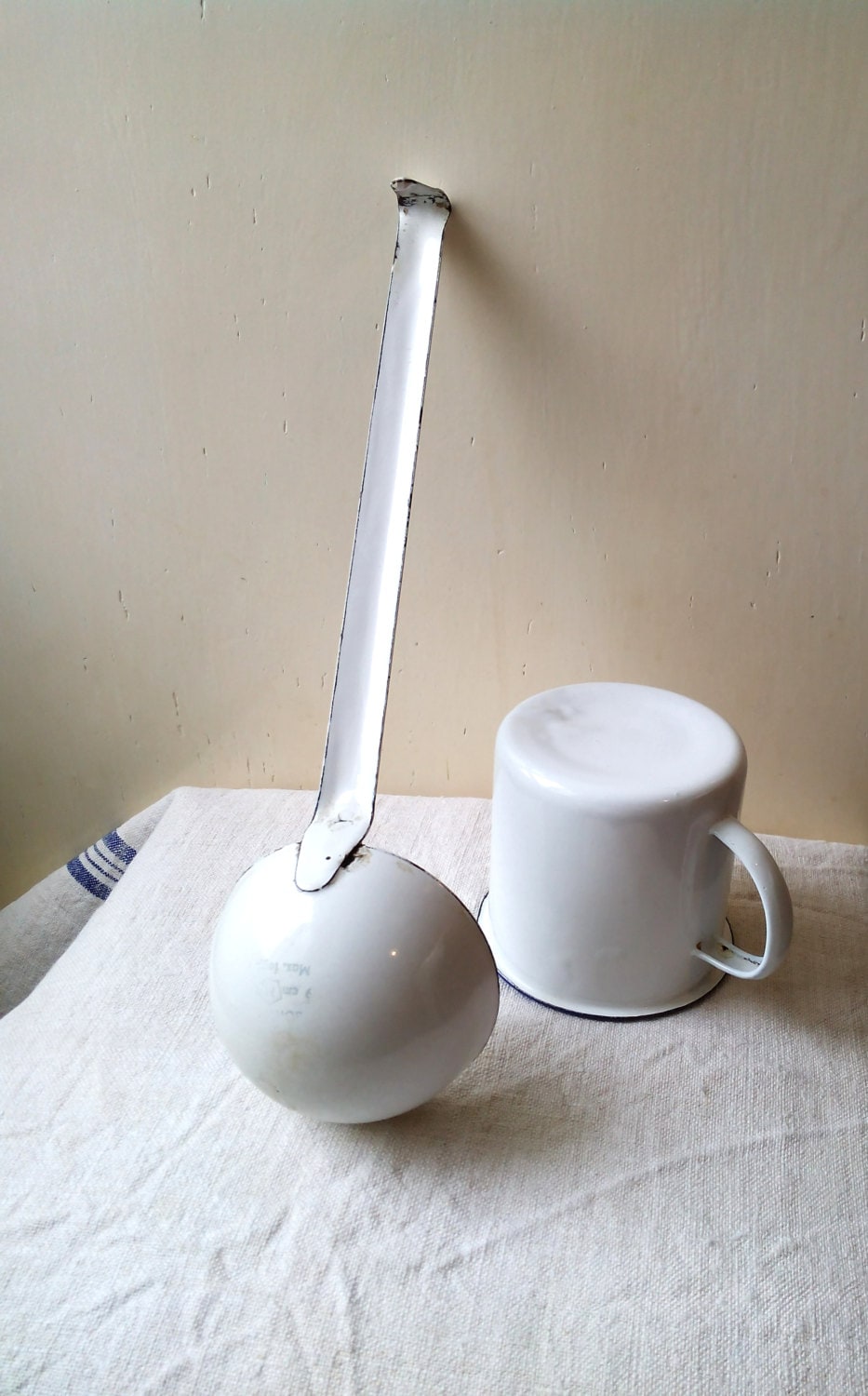 Vintage White Enamel Ladle Enamel Mug Set Enamelware Shabby - Etsy