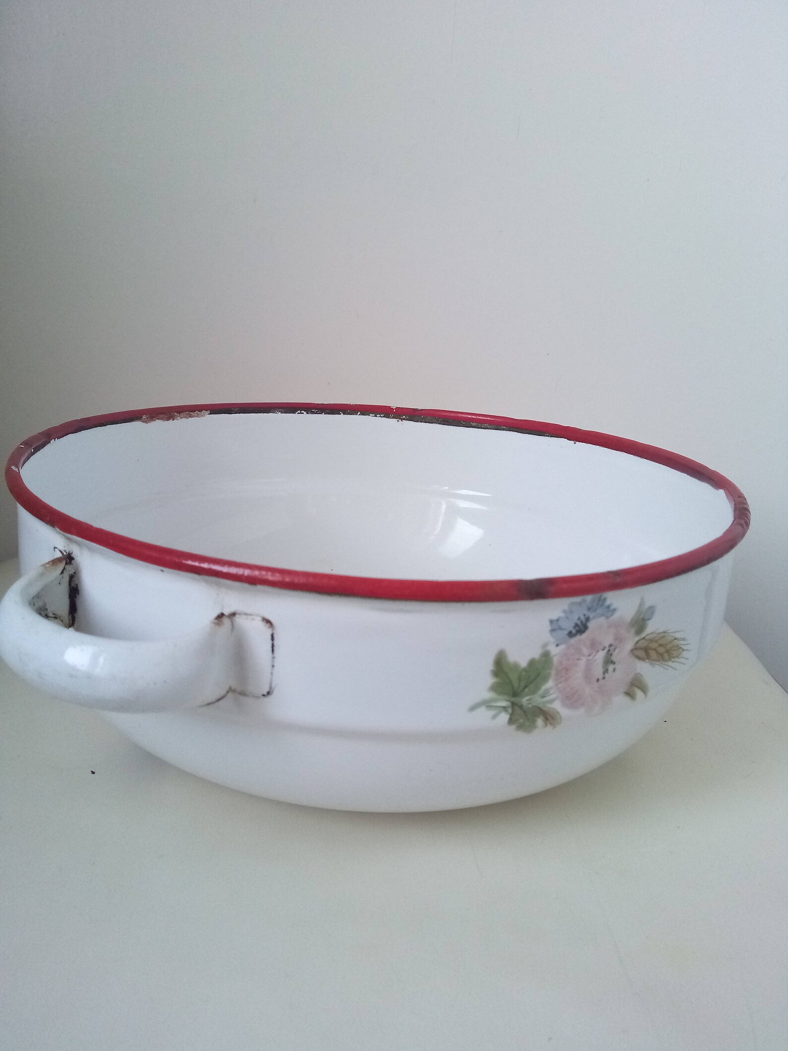 Vintage Enamel Poppy Bowl Rustic Kitchen Decor White Red Rim | Etsy