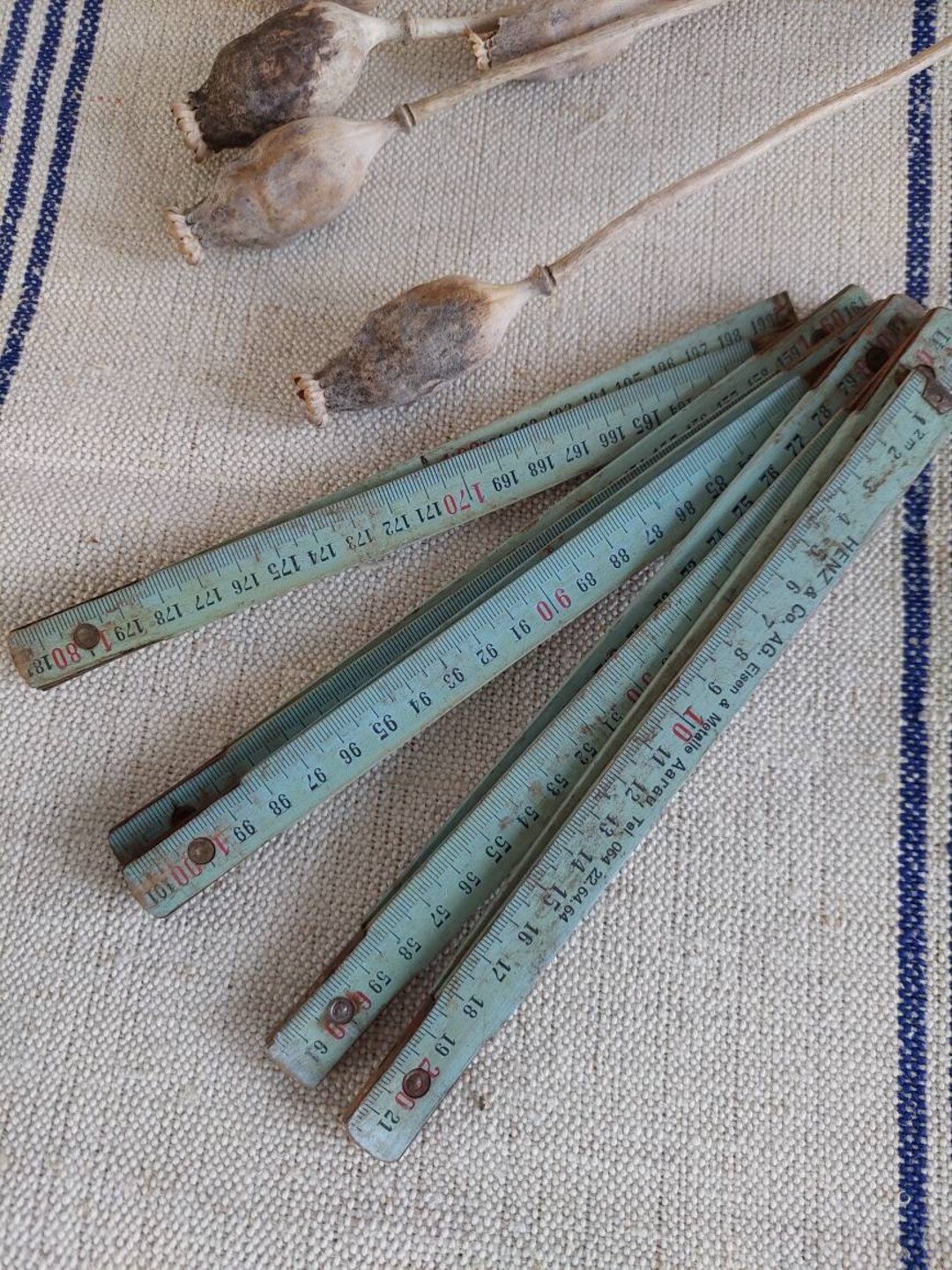 Vintage Sky Blue Wood Folding Ruler Measuring Tool Foldable Meter Ruler ...