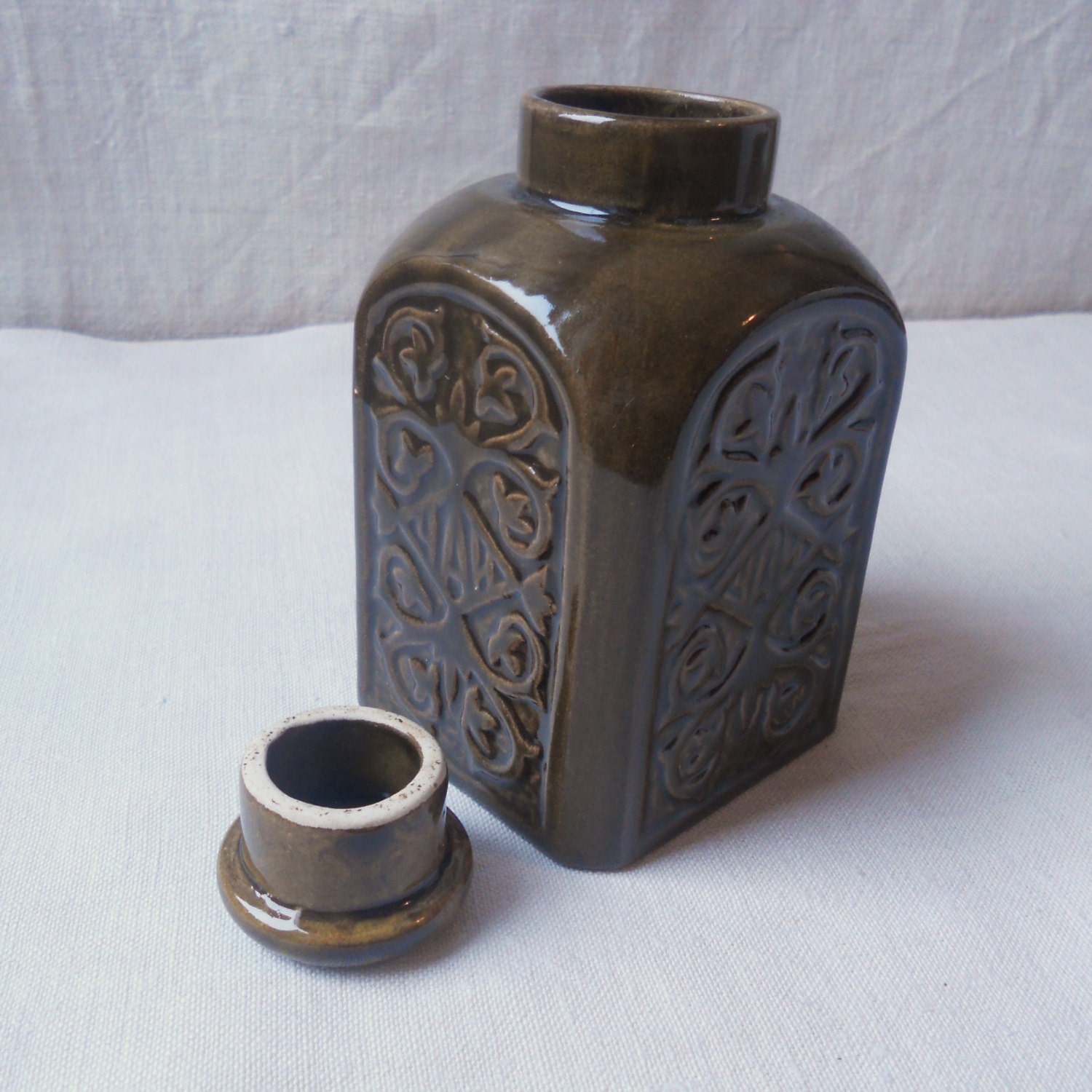 Vintage Ceramic Glazed Bottle Flask Rustic Kitchen Decor Green Brown ...