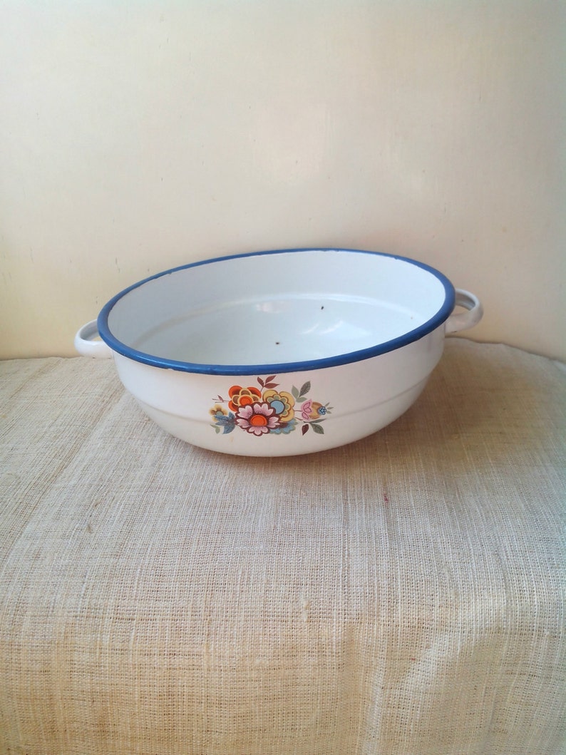 Vintage Enamel Bowl Rustic Kitchen Decor White Blue Rim and - Etsy