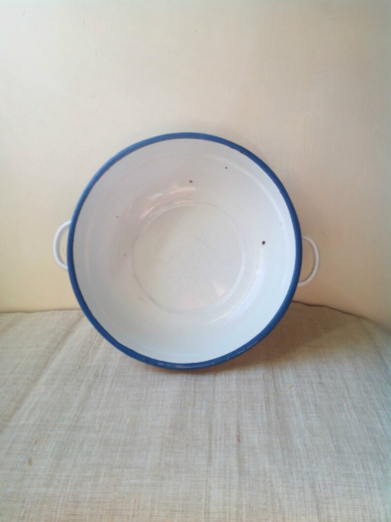 Vintage Enamel Bowl Rustic Kitchen Decor White Blue Rim and - Etsy