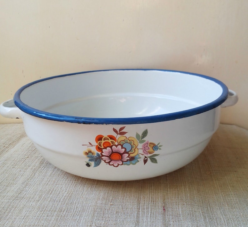 Vintage Enamel Bowl Rustic Kitchen Decor White Blue Rim and - Etsy