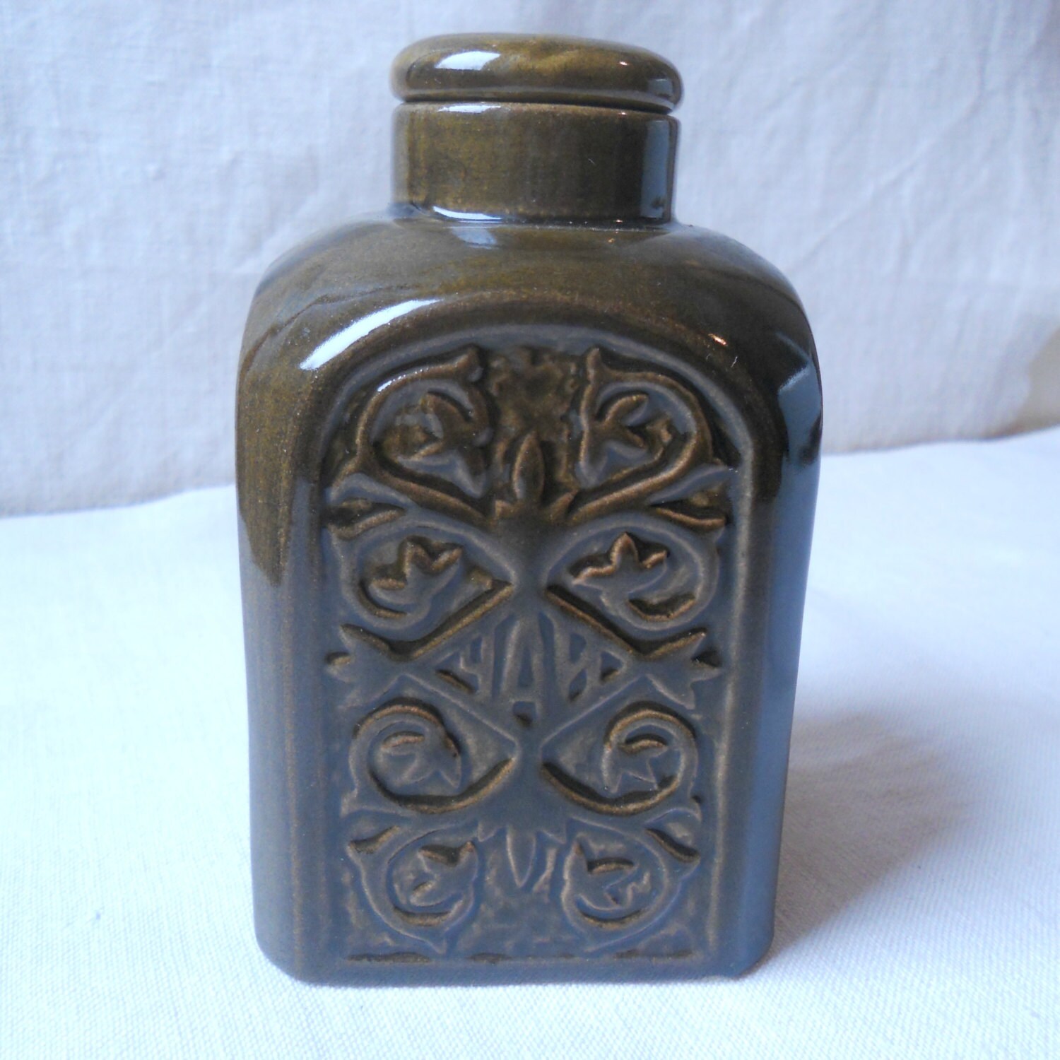 Vintage Ceramic Glazed Bottle Flask Rustic Kitchen Decor Green Brown ...