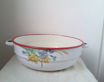 Vintage Enamel Poppy Bowl Rustic Kitchen Decor White Red Rim | Etsy