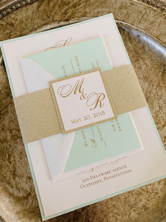 Mint Green Wedding Invitations Mint & Gold Invitations | Etsy