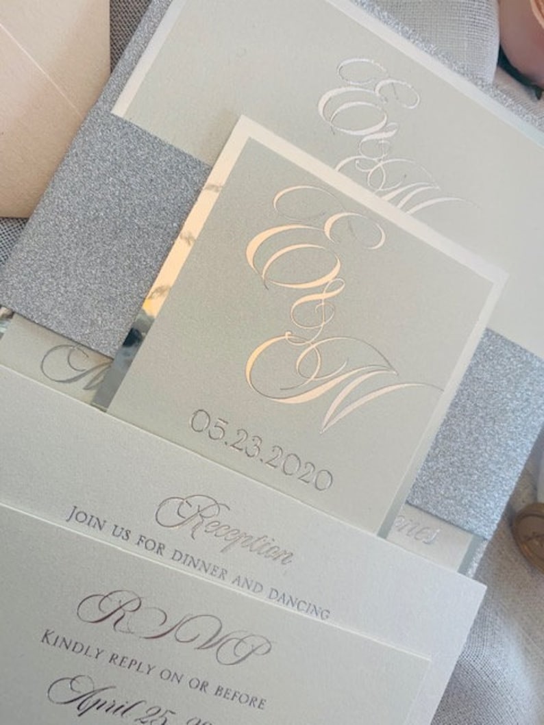 Silver Foil Layered Wedding Invitation Suite W/ Belly Band: Handmade ...