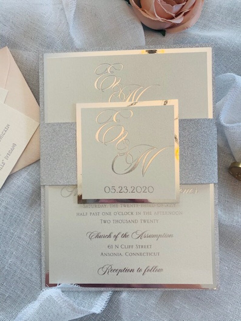 Silver Foil Layered Wedding Invitation Suite W/ Belly Band: Handmade ...