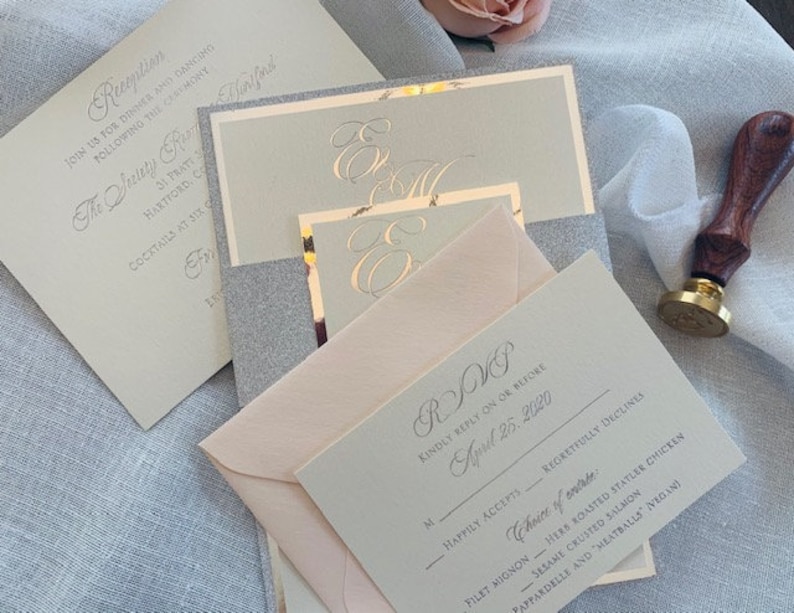 Silver Foil Layered Wedding Invitation Suite W/ Belly Band: Handmade ...