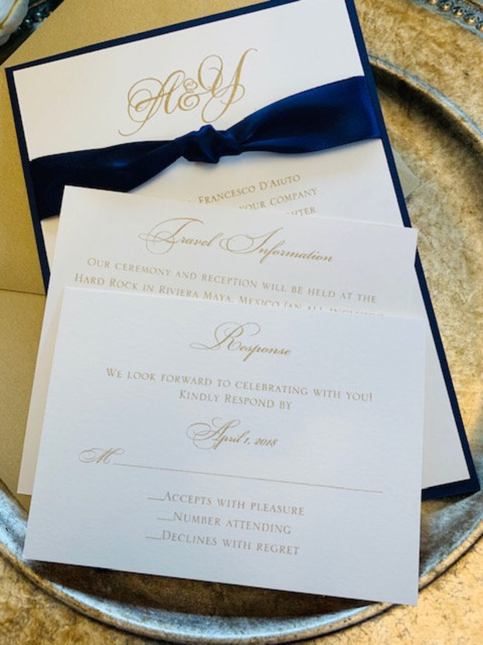 Navy Blue Monogram Wedding Invitation With Satin Ribbon - Etsy